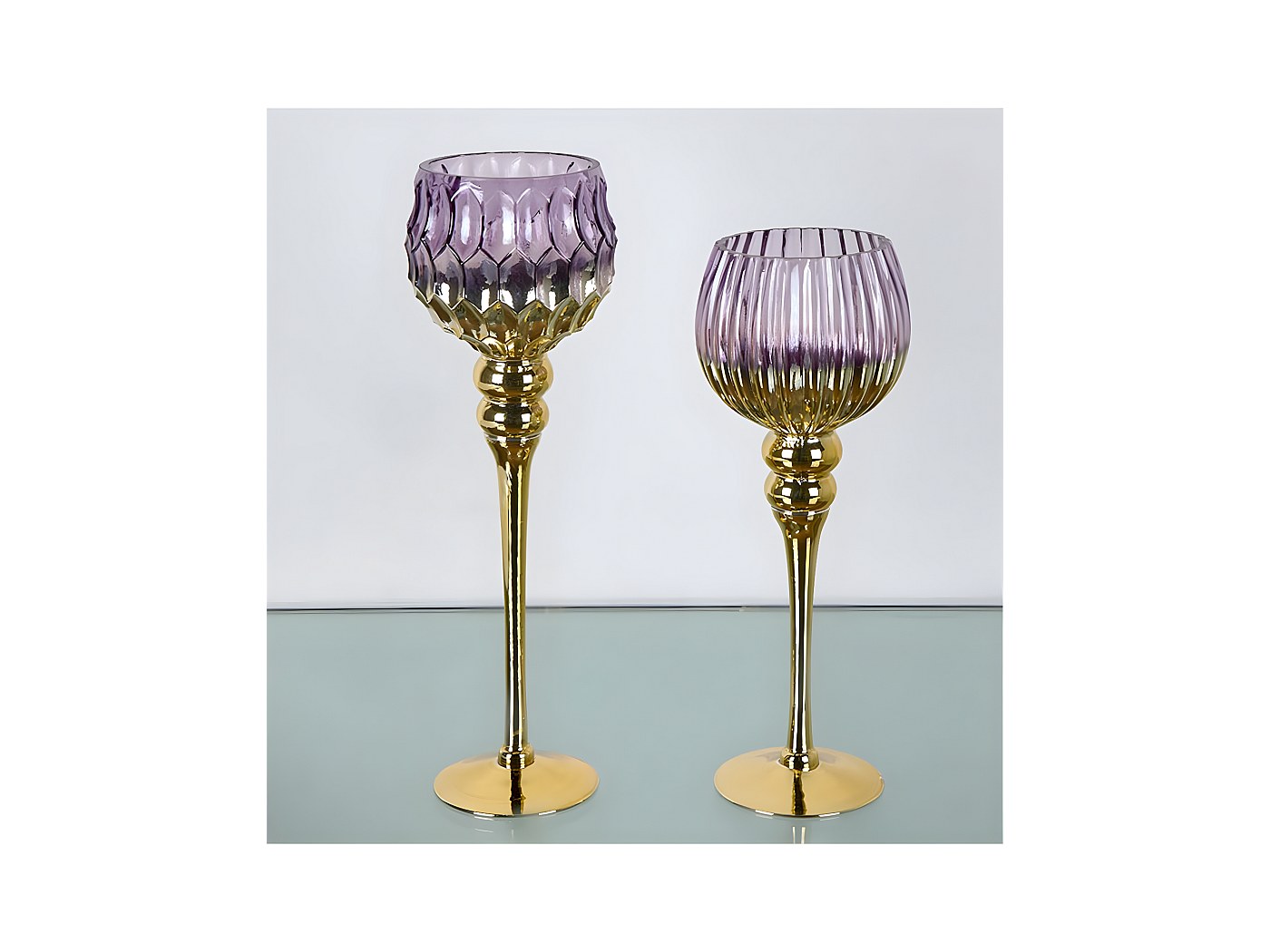 Juego de 2 copas candelero 10*36 y 10*40 cristal morado y dorado