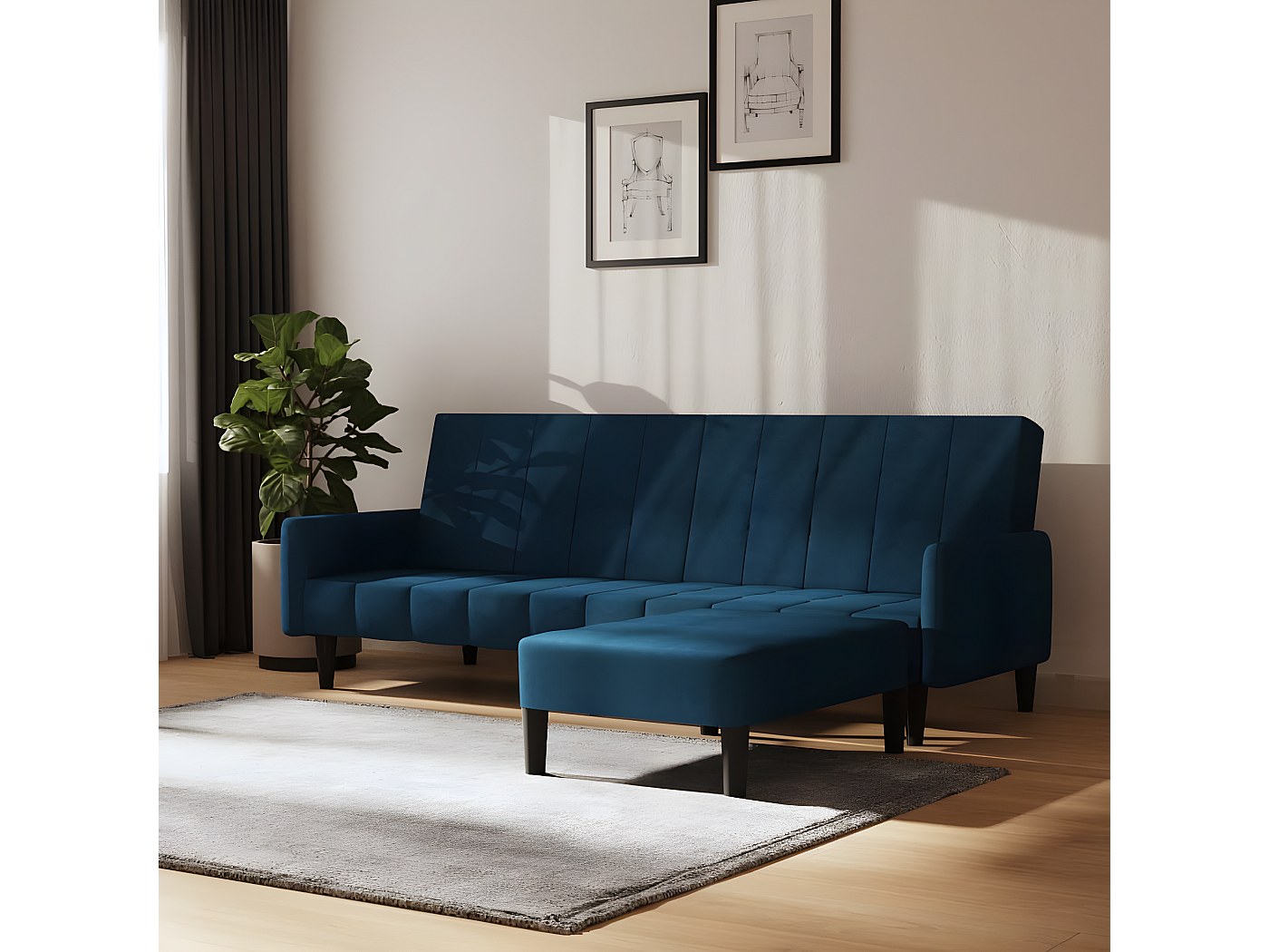 Canapé-lit à 2 places avec repose-pied Bleu Velours