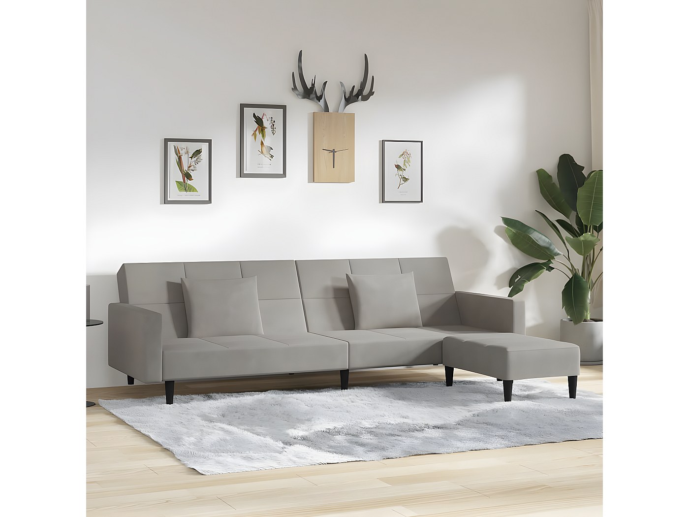 Canapé-lit 2 places et deux oreillers et repose-pied Gris clair