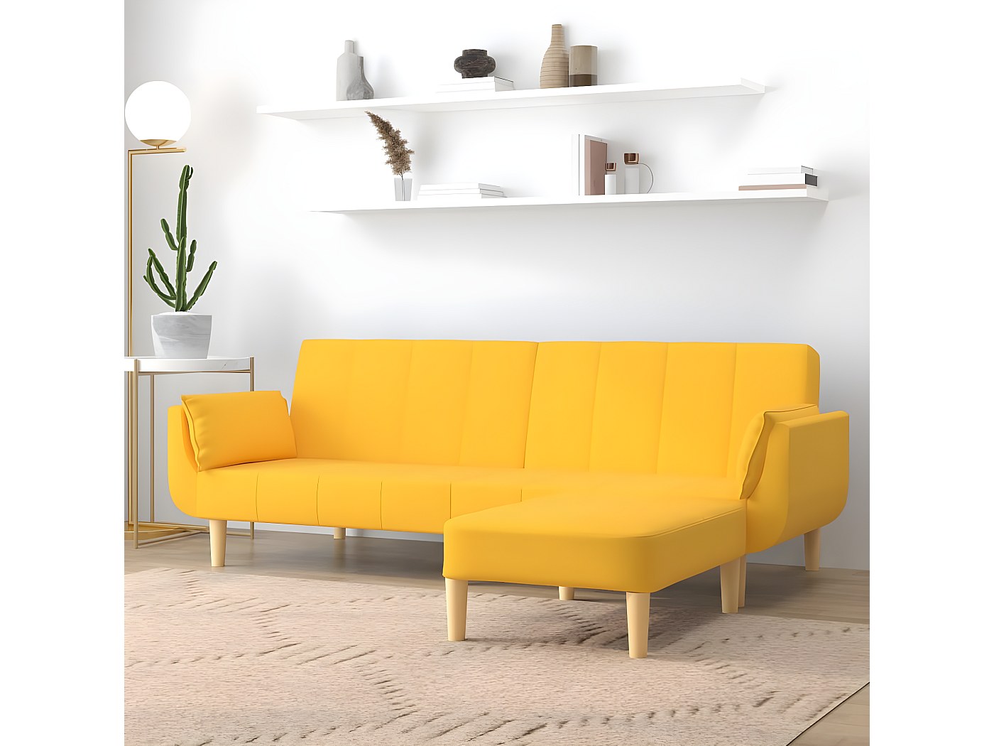 Canapé-lit 2 places et tabouret deux oreillers Jaune Tissu