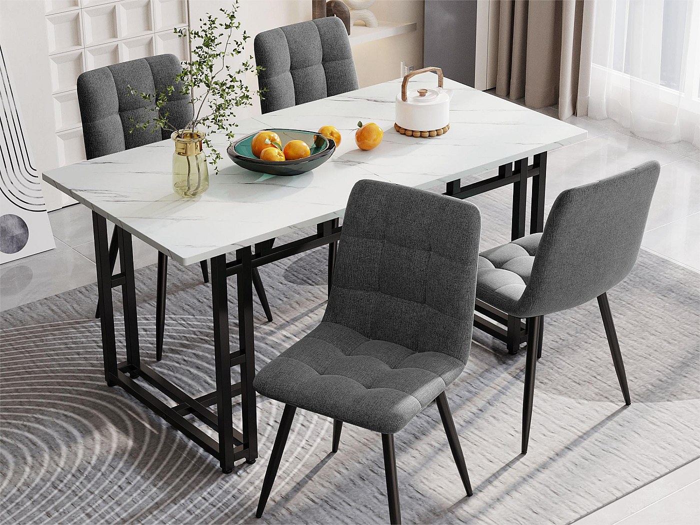 Esstisch – Platte mit Marmoreffekt – Beine aus schwarzem Metall – 120 x ...