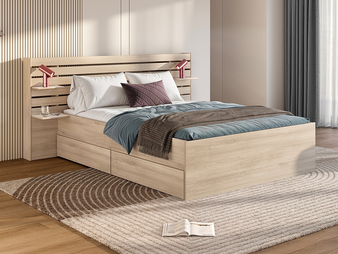 Lit queen size 160 x 200 cm avec rangements coloris naturel + sommier ...