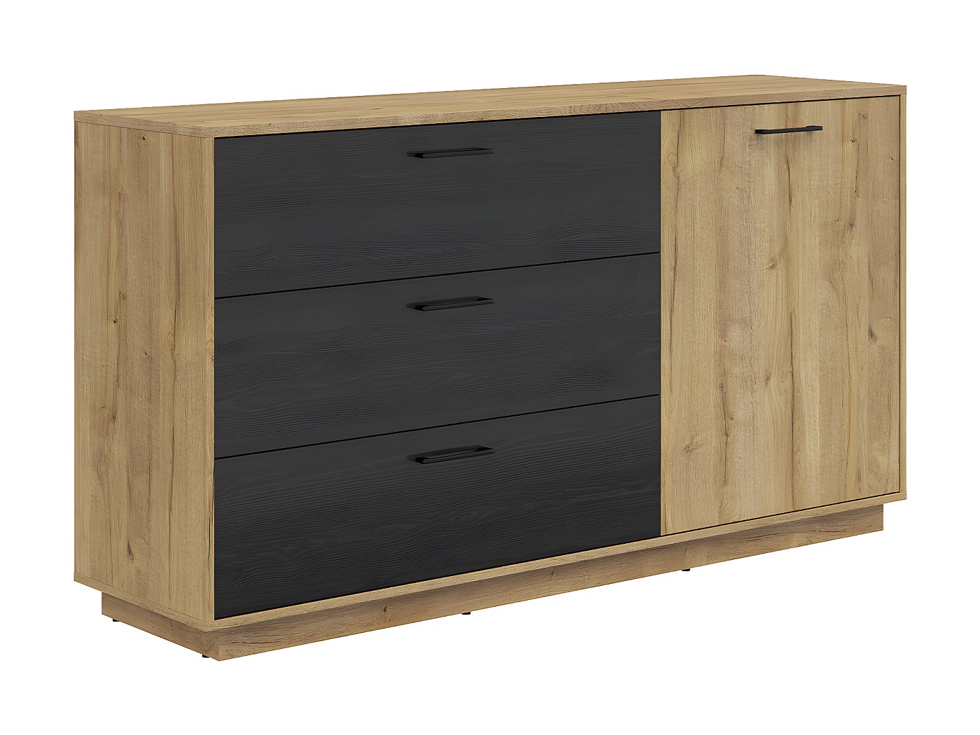 Commode 3 tiroirs 1 porte Arava Bois et Noir
