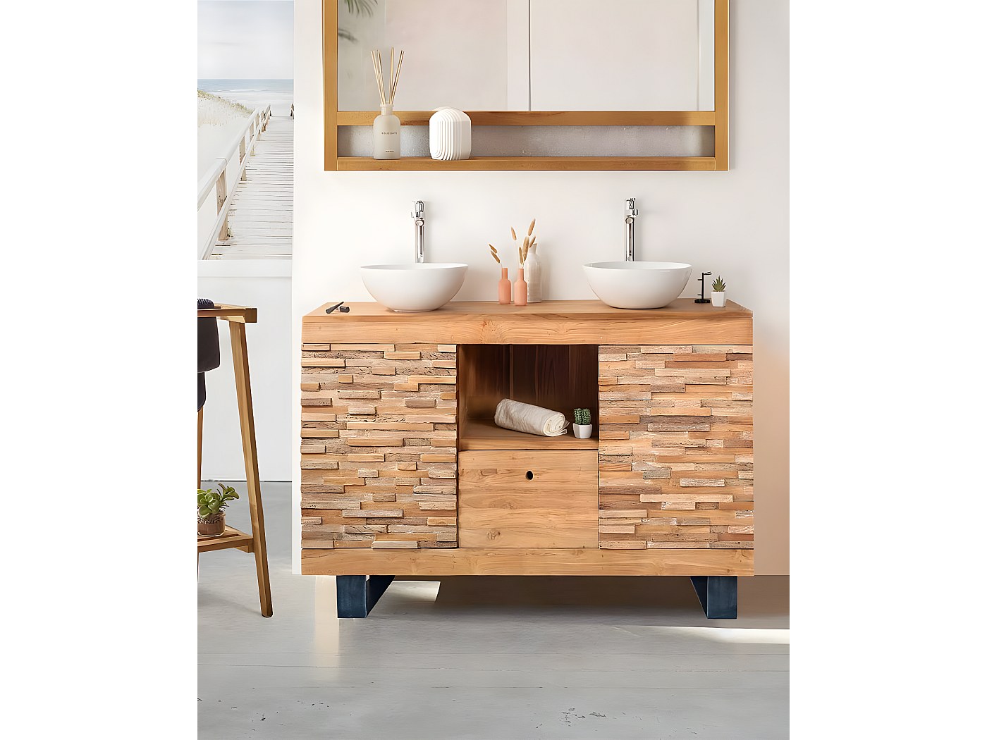 Néo - Meuble salle de bain en teck parqueté 120 cm