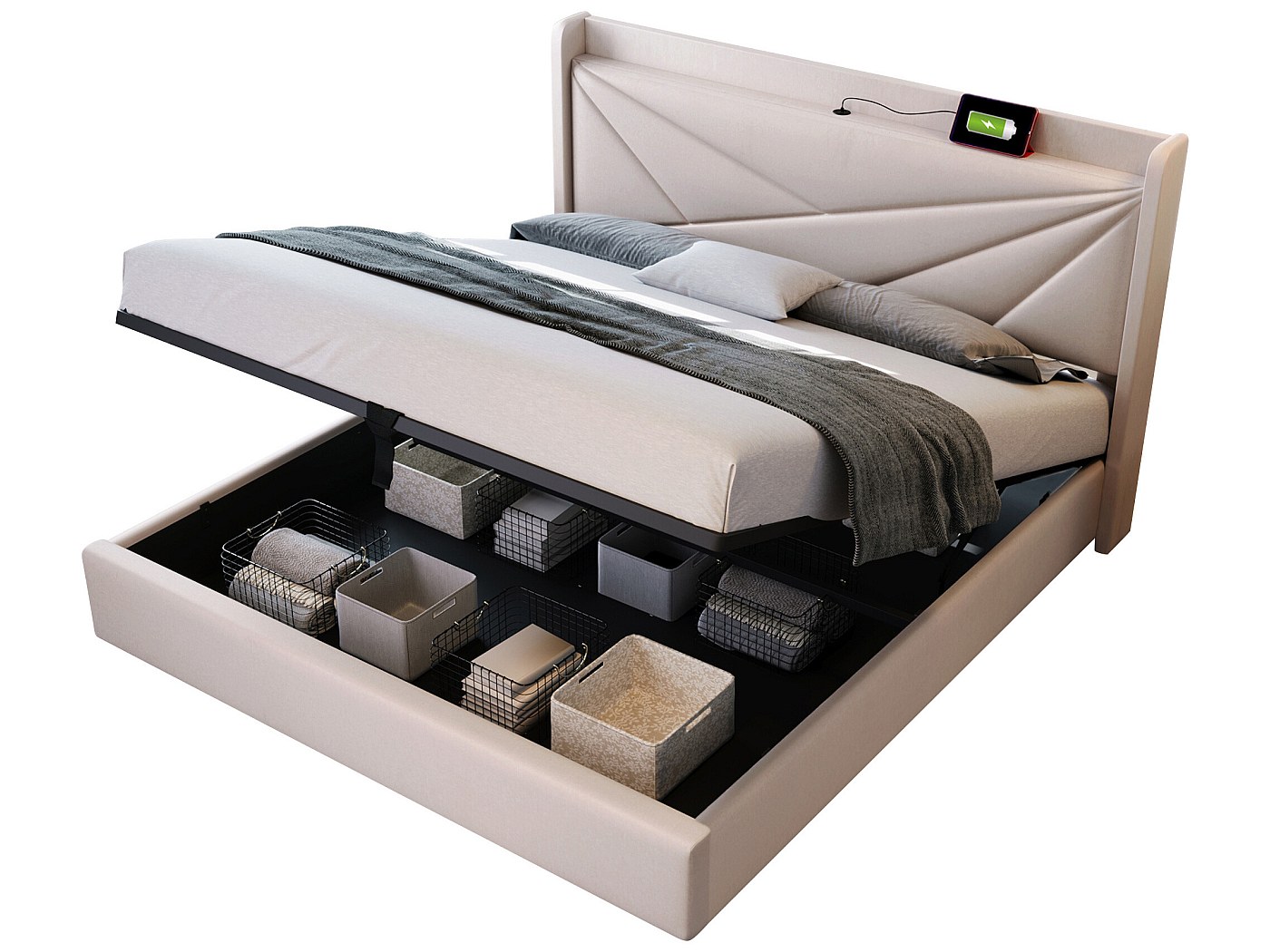 Bett mit Stauraum für Erwachsene 180x200 cm aus beigem Leinen, mit USB ...