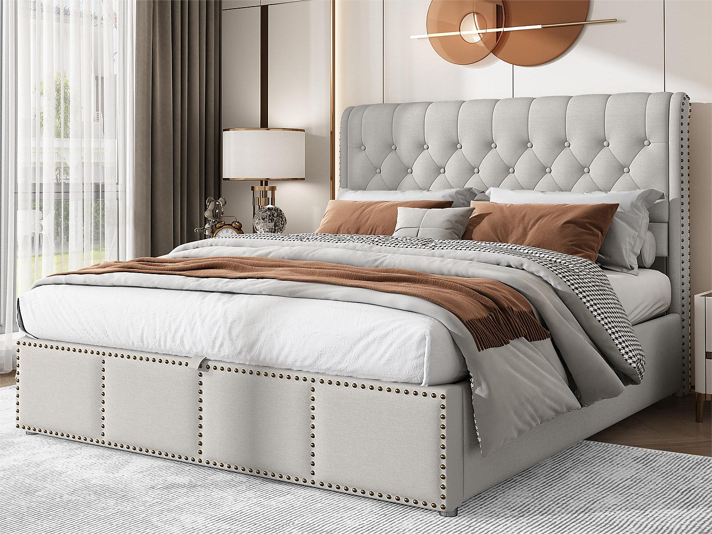 Cama contenedor con cabecero - 140 x 200 cm - lino y algodón - somier ...