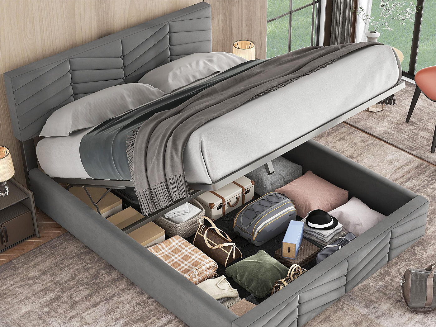 Cama contenedor con cabecero ajustable - 140 x 200 cm - terciopelo ...