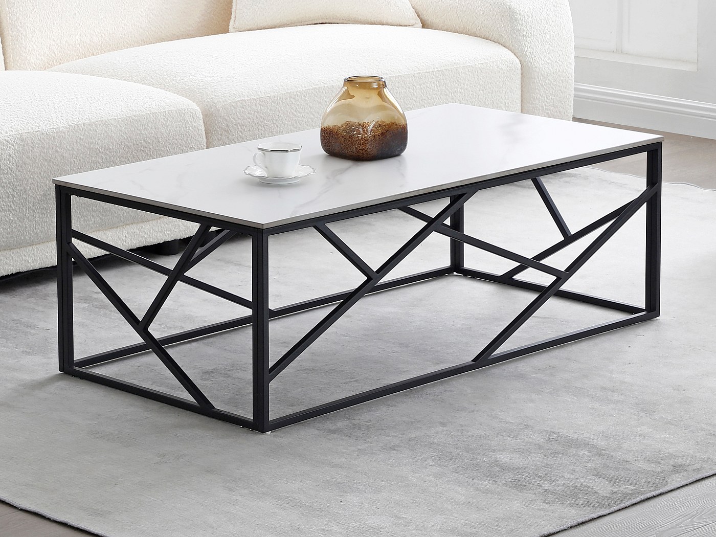 Table basse en céramique et métal - Effet marbre blanc et Noir - MELRONE