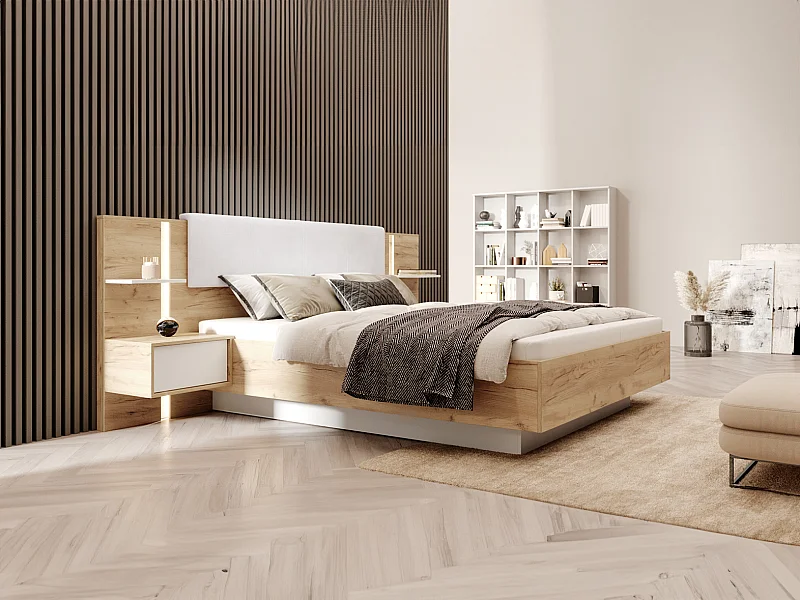 Queen size seng 160 x 200 cm med natborde og LED-lys i naturlig og hvid ...