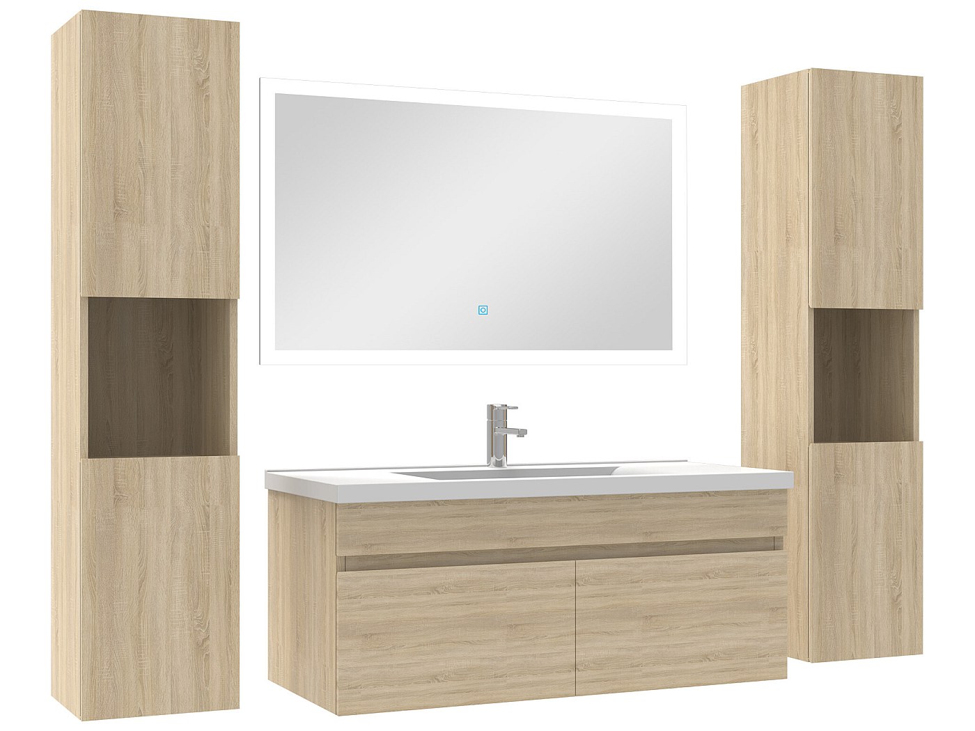 Ensemble meuble de salle de bain 100cm simple vasque + colonne de rangement + miroir lumineux ...