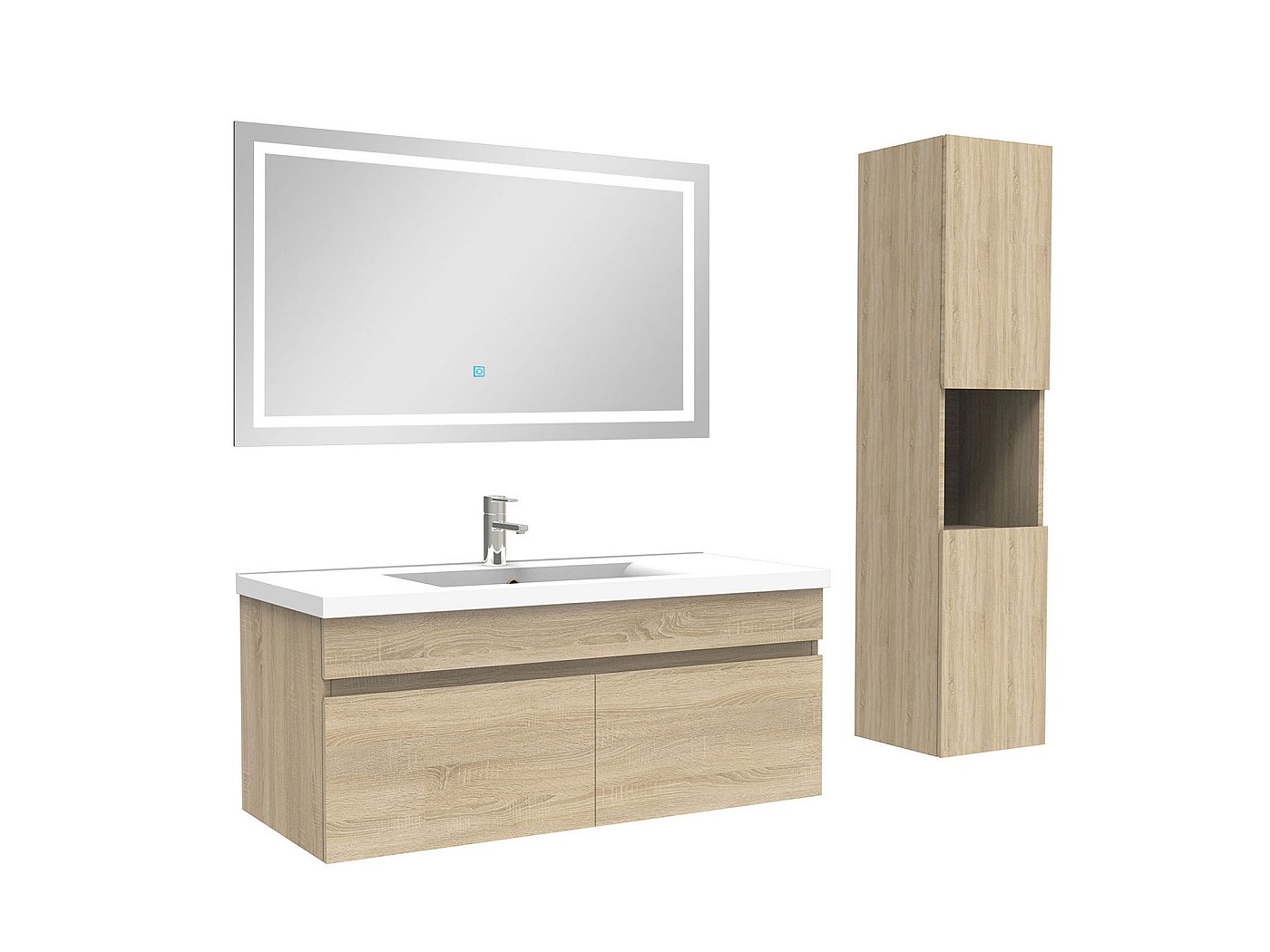 Ensemble meuble salle de bain + vasque + miroir lumineux + colonne 100cm Chêne Wotan,Aica