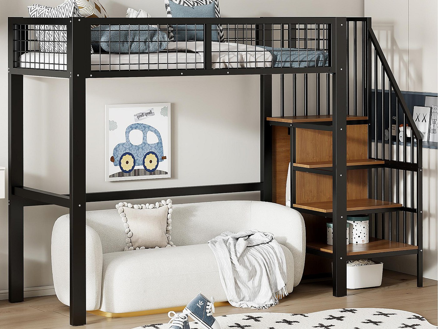 Hoogslaper 90x200cm met kledingkast en trap - metalen frame - Zwart