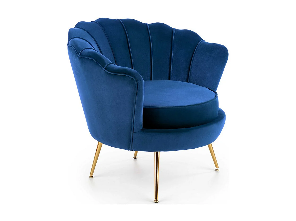 Sillón de concha de terciopelo azul con patas de metal dorado CAPRICA