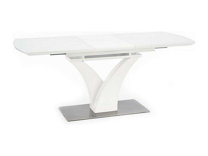 Mesa extensible rectangular blanca mate con pata central, diseño Sparte
