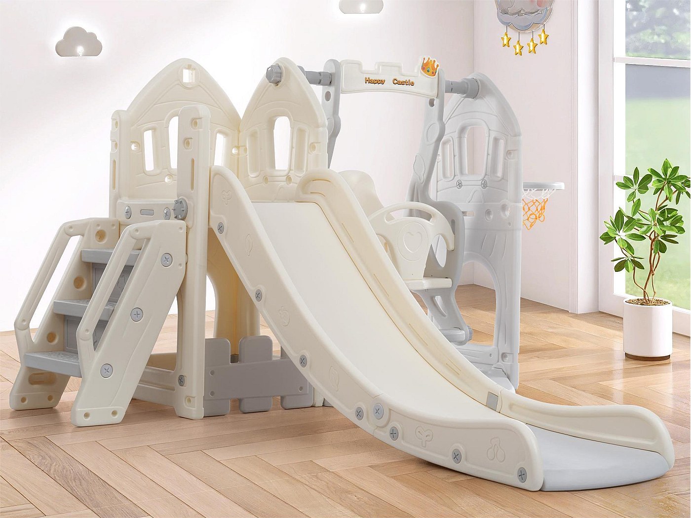 5-in-1-Rutsche – mit Treppe, Schaukel, Stauraum, Basketballkorb – hellgrau