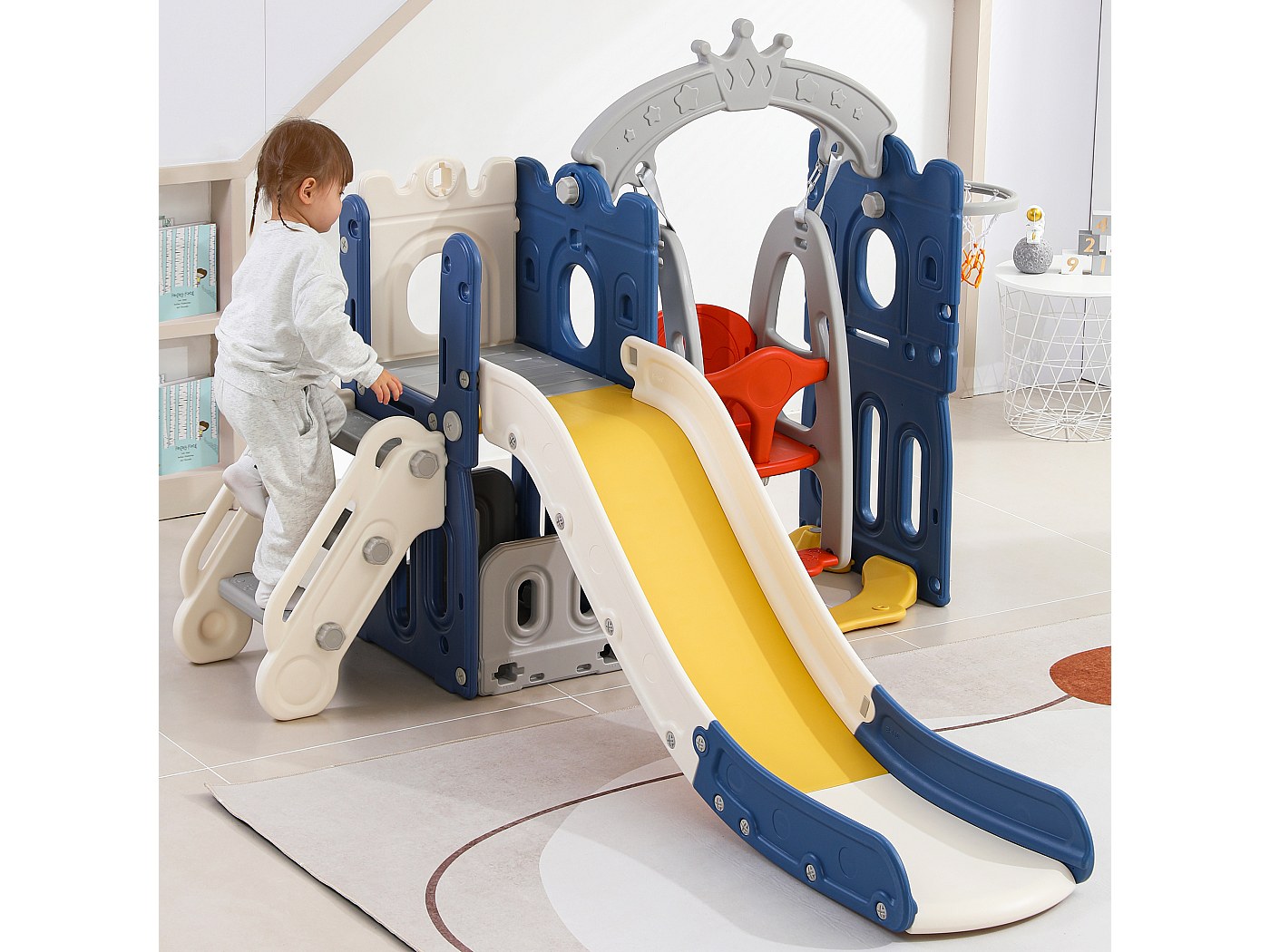 5-in-1-Rutsche – mit Treppe, Schaukel, Stauraum, Basketballkorb – blau