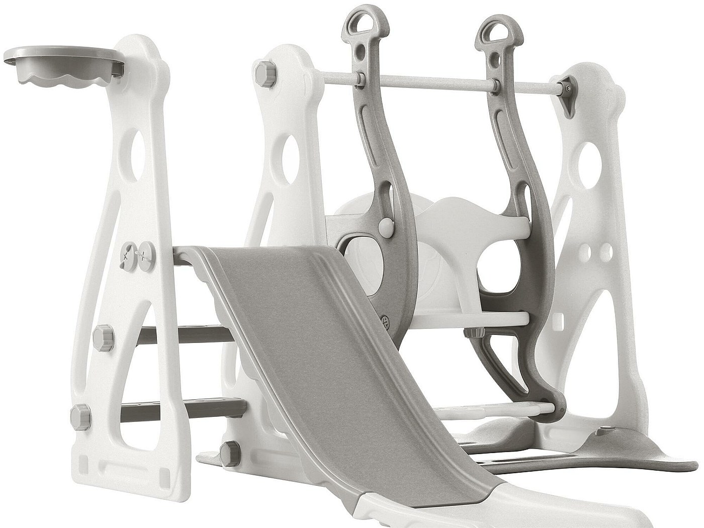 4-in-1-Rutsche – mit Treppe, Schaukel, Basketballkorb – hellgrau