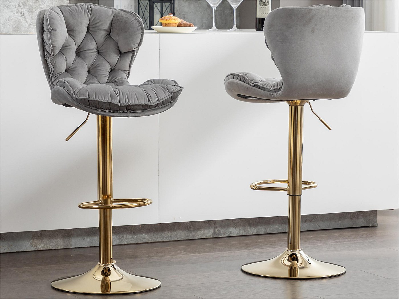 Barhocker 2er-Set drehbaren – höhenverstellbar – Samtstoff – Grau