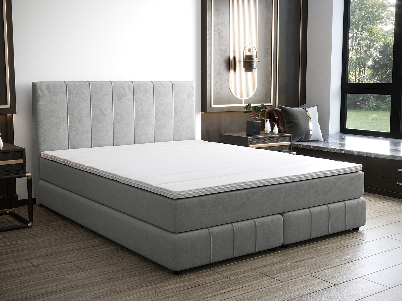 Conjunto completo de boxspring - 160 x 200 cm - Terciopelo - Gris claro ...