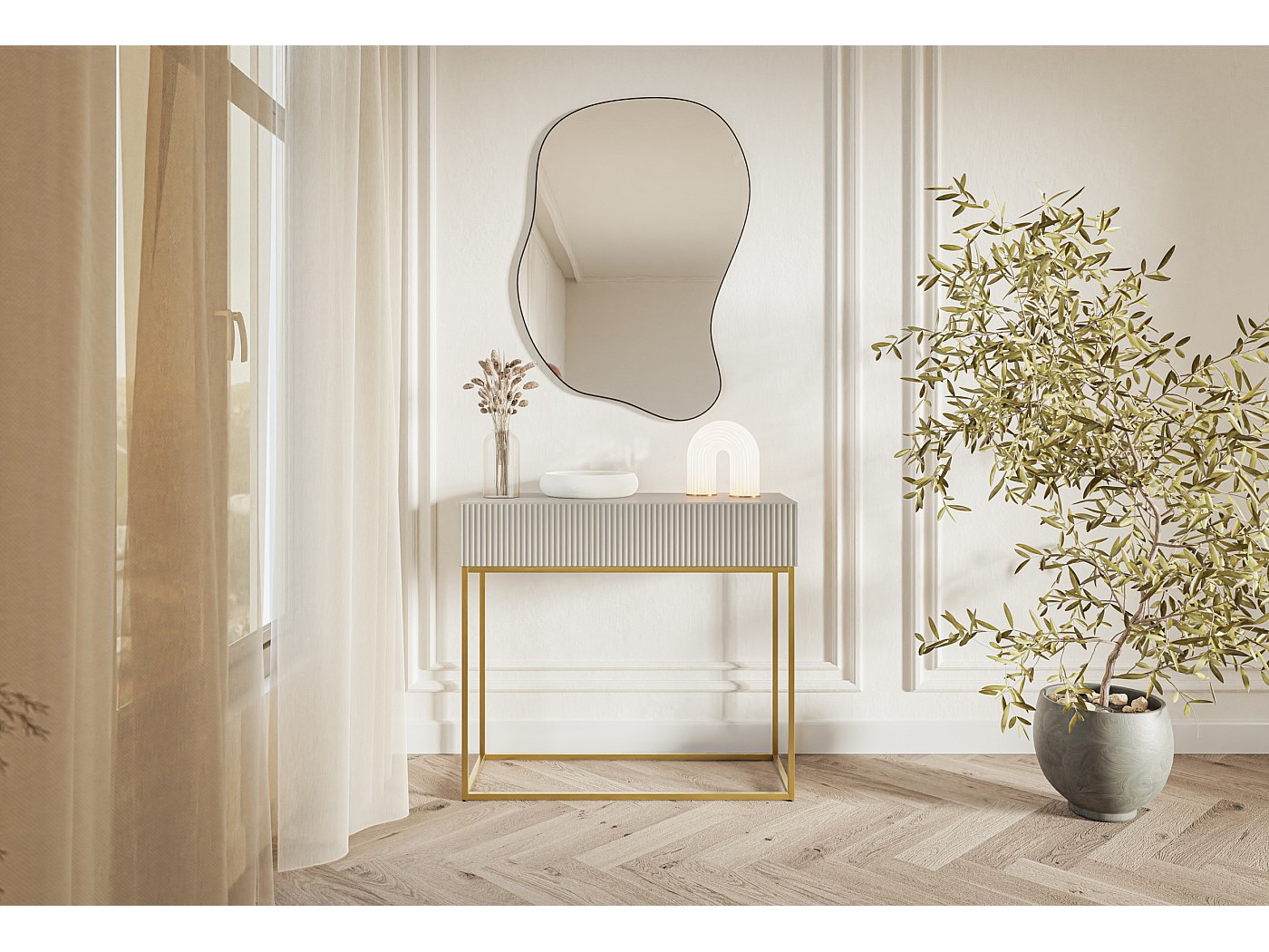 Console - 90 cm - taupe (grigio-beige) con piedini dorati - VELDIO