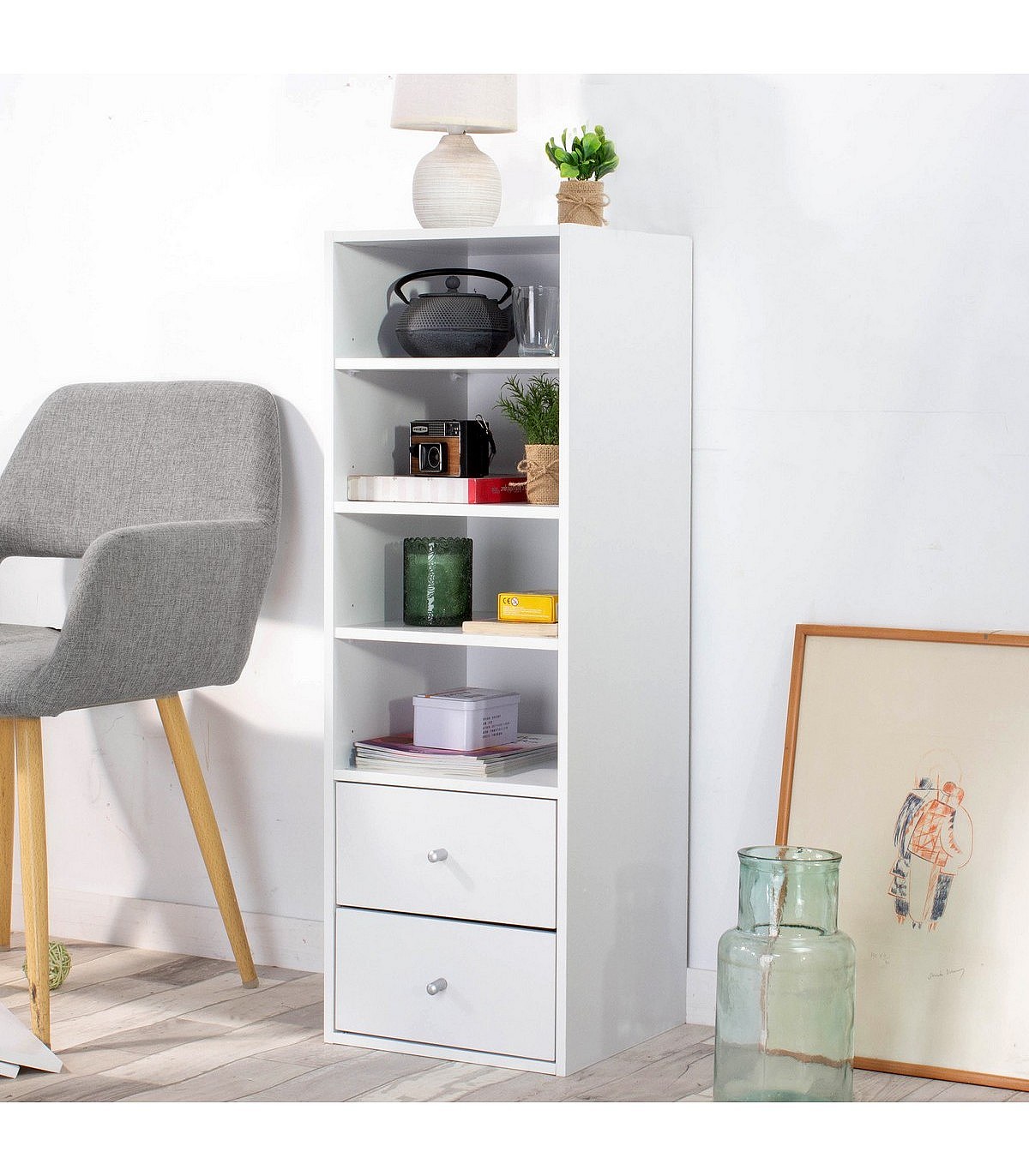 Meuble de Rangement 4 Niches 2 Tiroirs - L32 x P30 x H94 cm