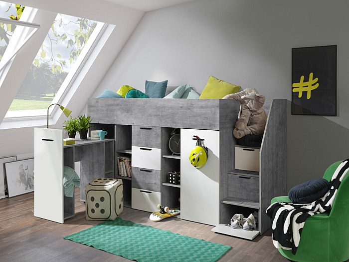 Lit haut Hartford 364, Unique, Gris, 90x200, Stratifié, Sommier à ...