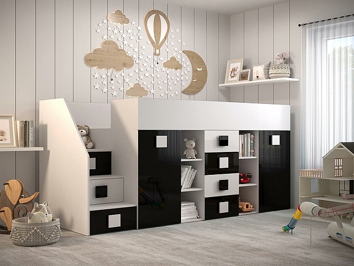 Lit haut Hartford 366, Unique, Noir, 90x200, Stratifié, Sommier à ...