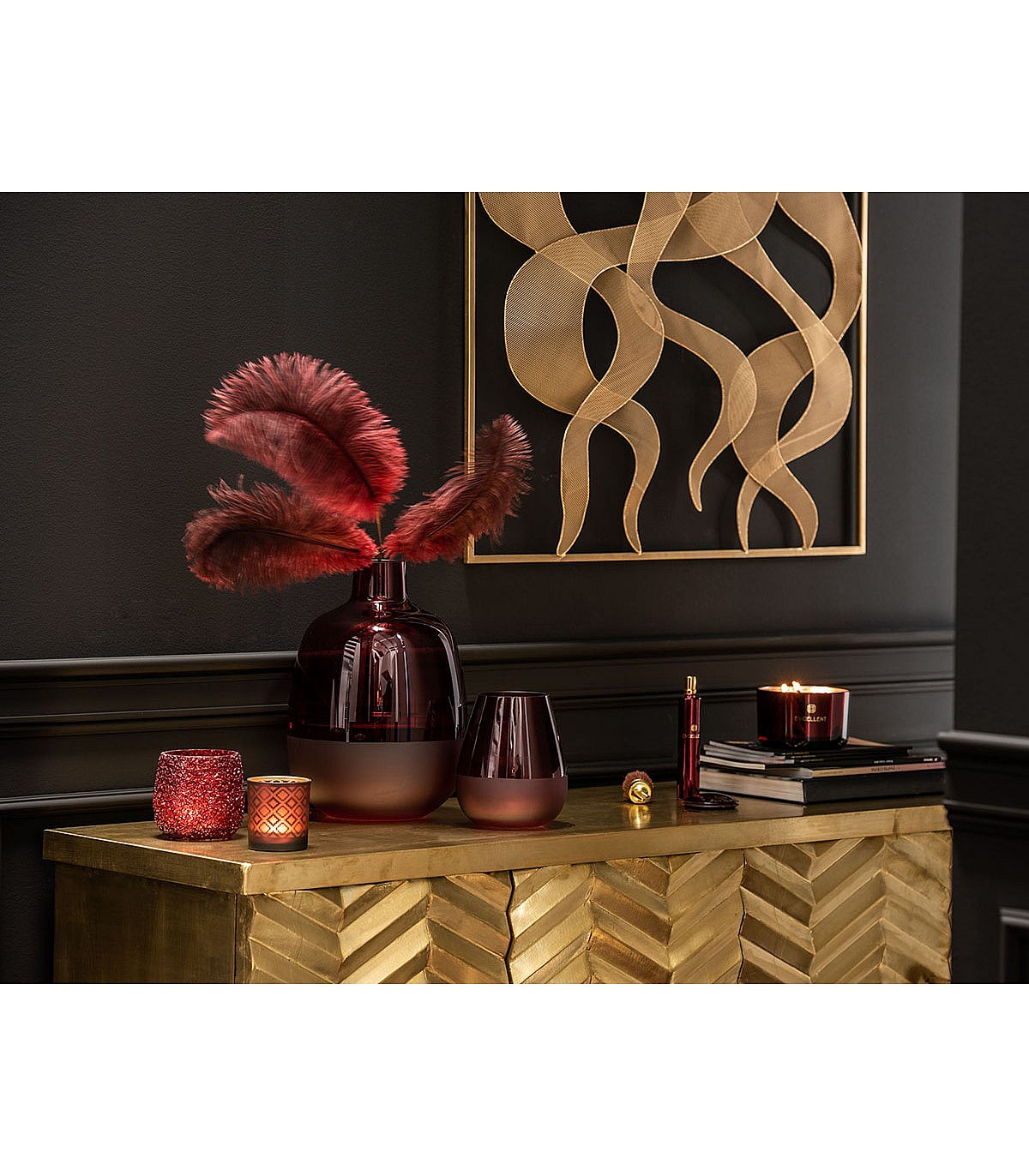 Buffet 4 Portes Chevrons Laiton effet Or