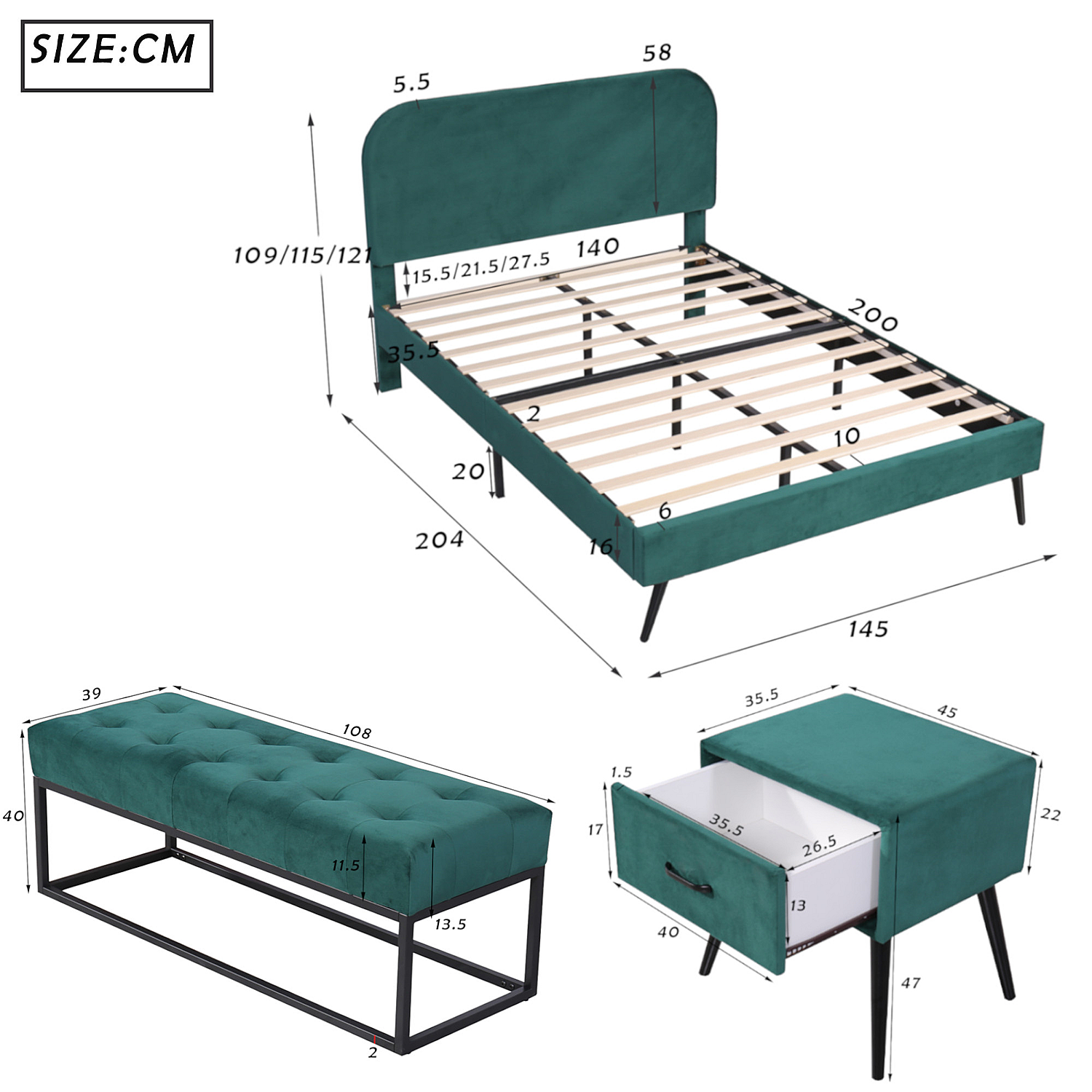 Lit adulte 140x200cm - Lit double + 1x table de nuit + tabouret de lit ...