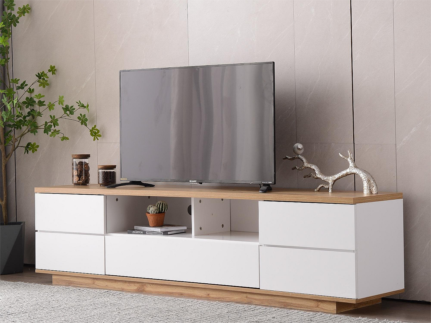 Meuble TV 180 cm - 5 portes et 2 niches - MDF - placage naturel et blanc