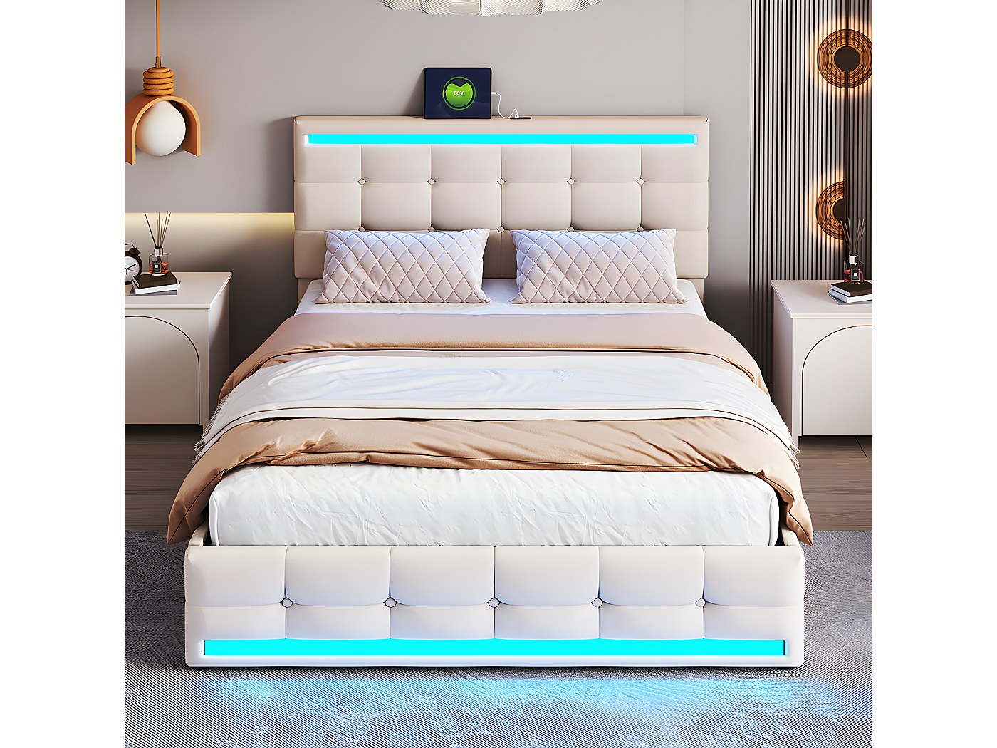 Lit LED avec tête de lit rangements et tiroirs - 140 x 200 cm - Station ...