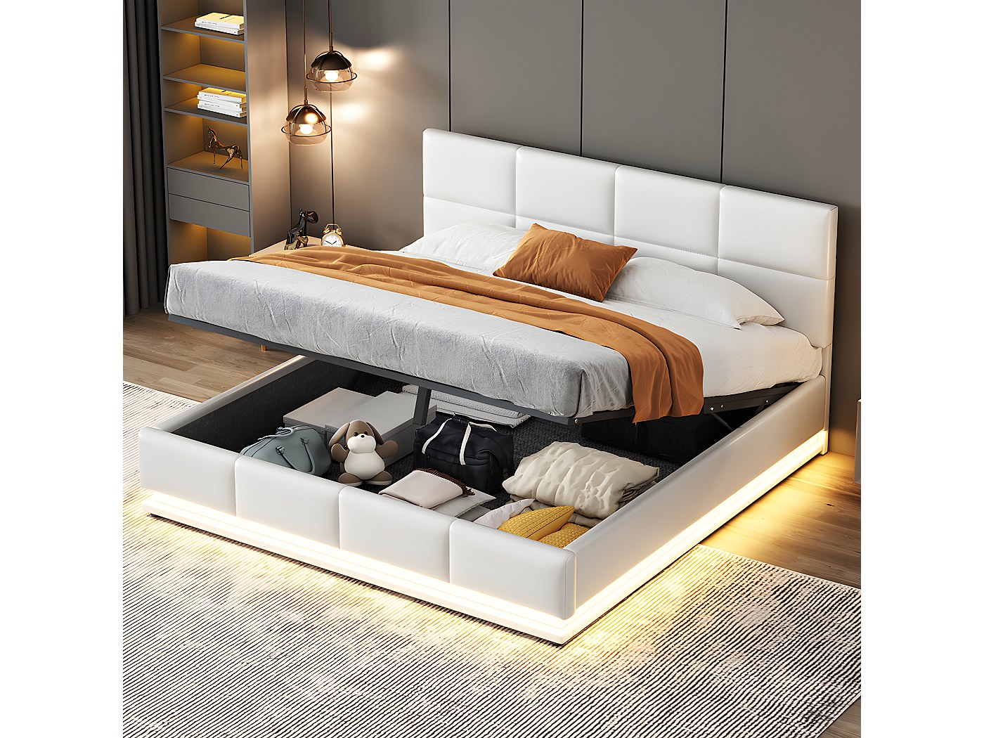 Lit coffre Lit capitonné Lit 160 x 200 cm avec LED coffre de lit lit double - blanc - Sweiko
