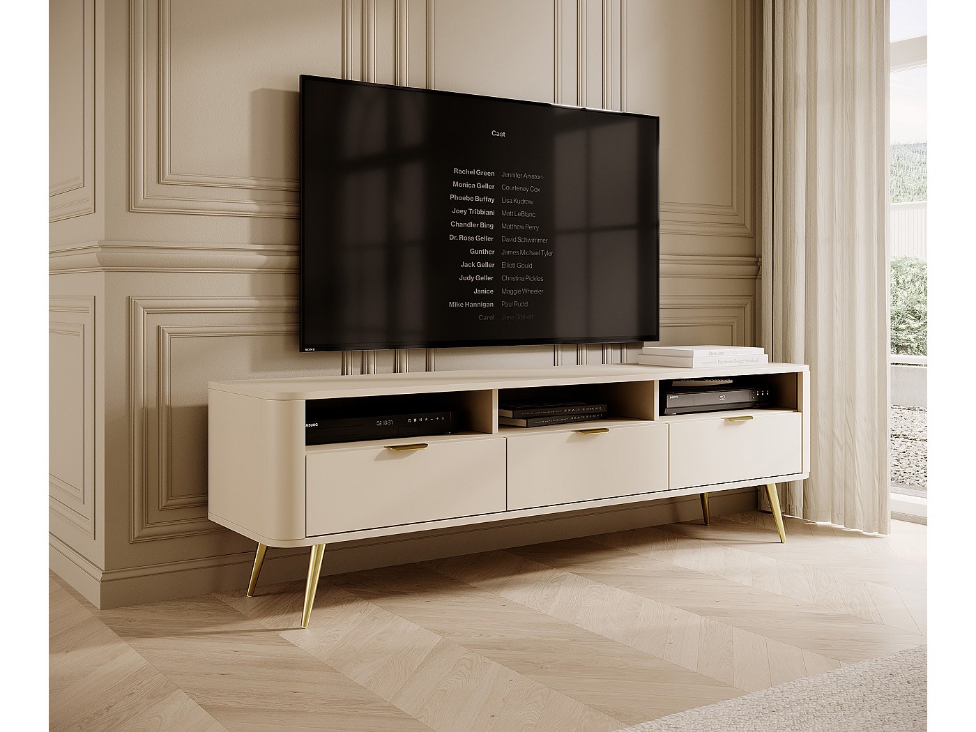 TV-Lowboard mit 3 offenen Fächern und 3 Schubladen - Beige - OVAL