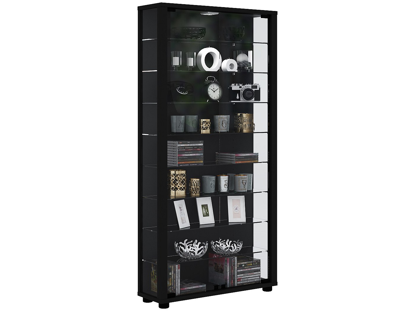 Lumo Maxi Vitrine éclairage incluss LED, 8 tablettes en verre, noir.