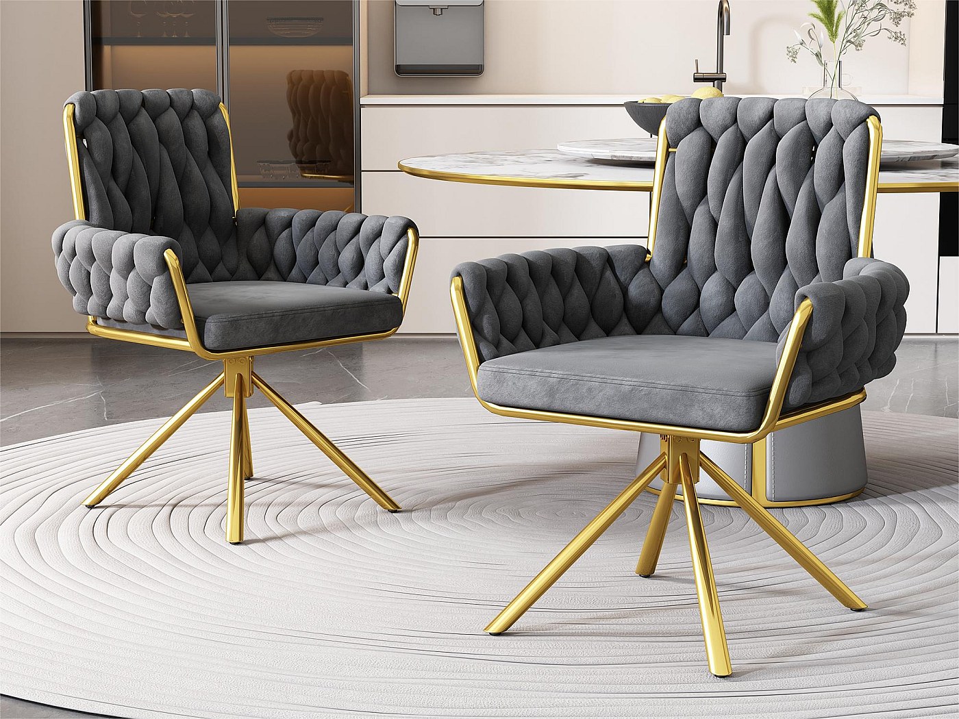 Set di 2 sedie girevoli in velluto con braccioli - gambe in metallo dorato - Grigio