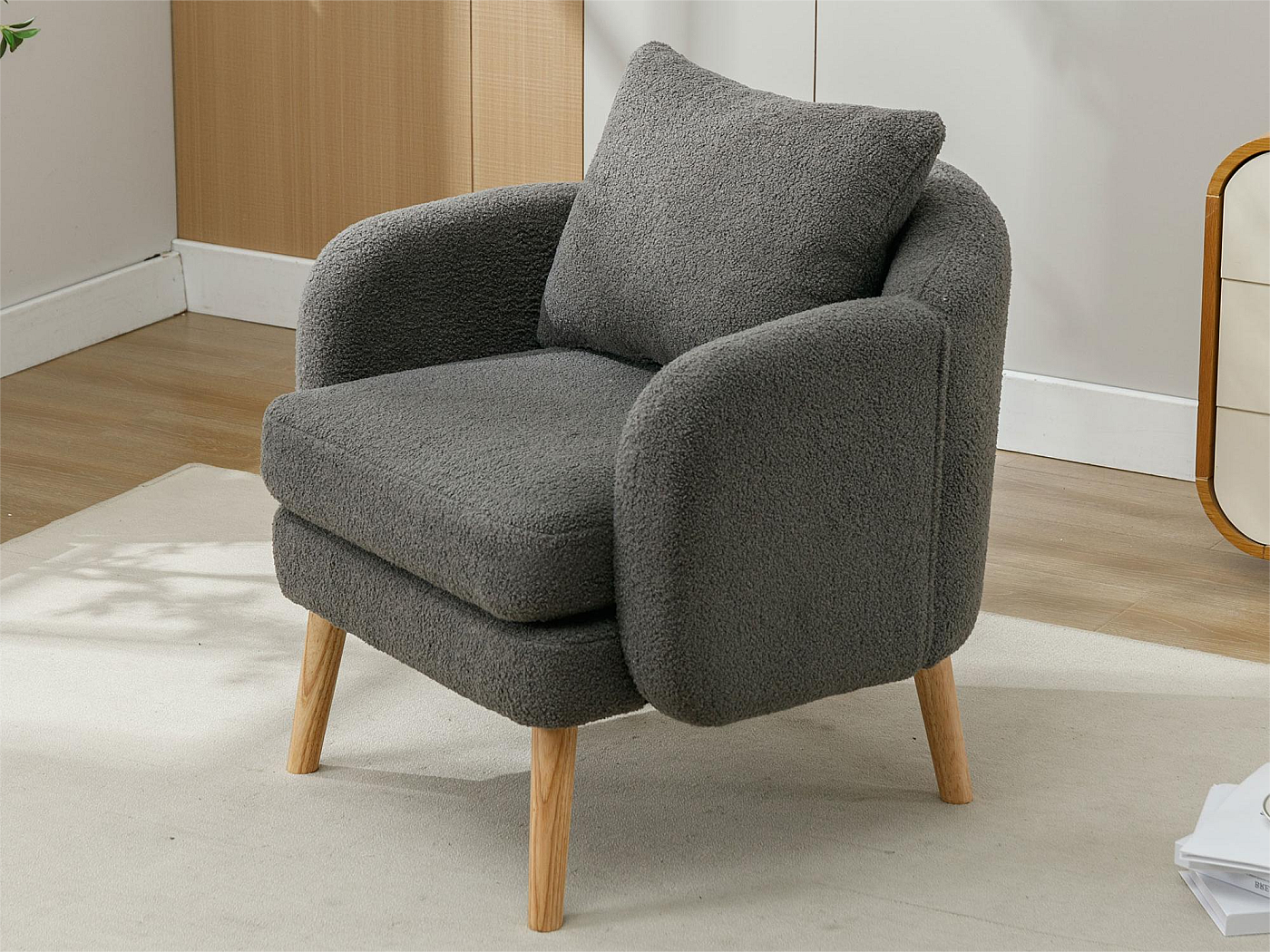 Sillón de tela Teddy con cojín - patas de madera maciza - gris
