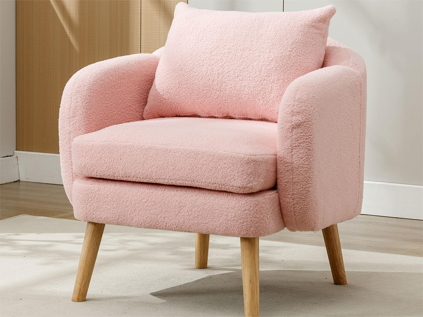 Sillón de tela Teddy con cojín - patas de madera maciza - rosa