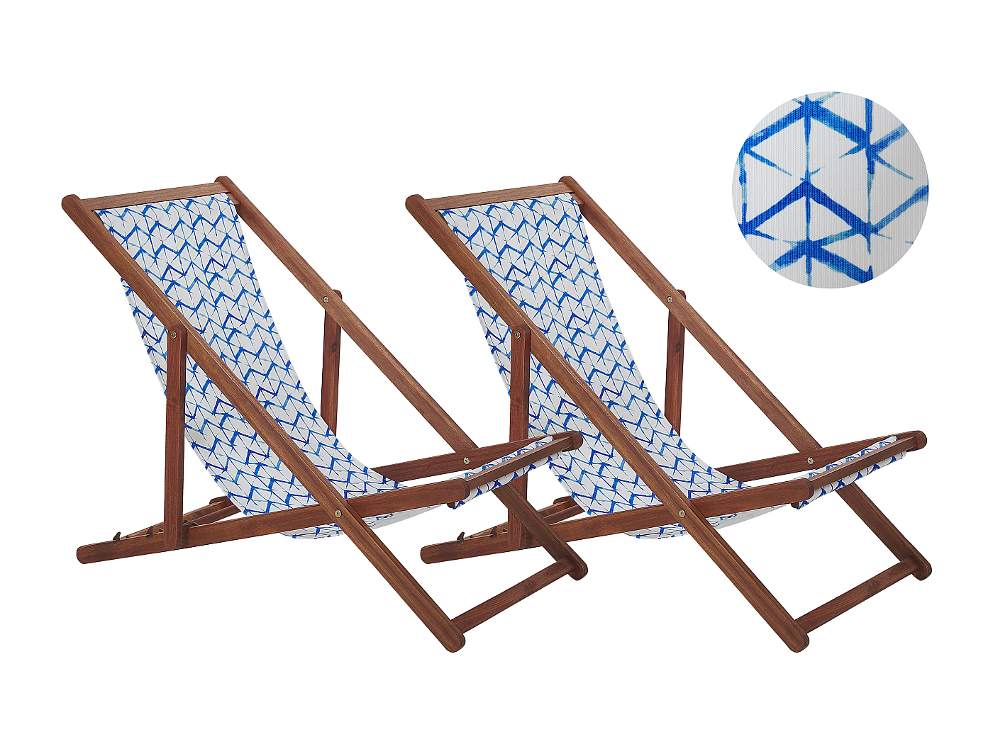 Ligstoel set van 2 acaciahout stof donkerbruin/blauw ANZIO