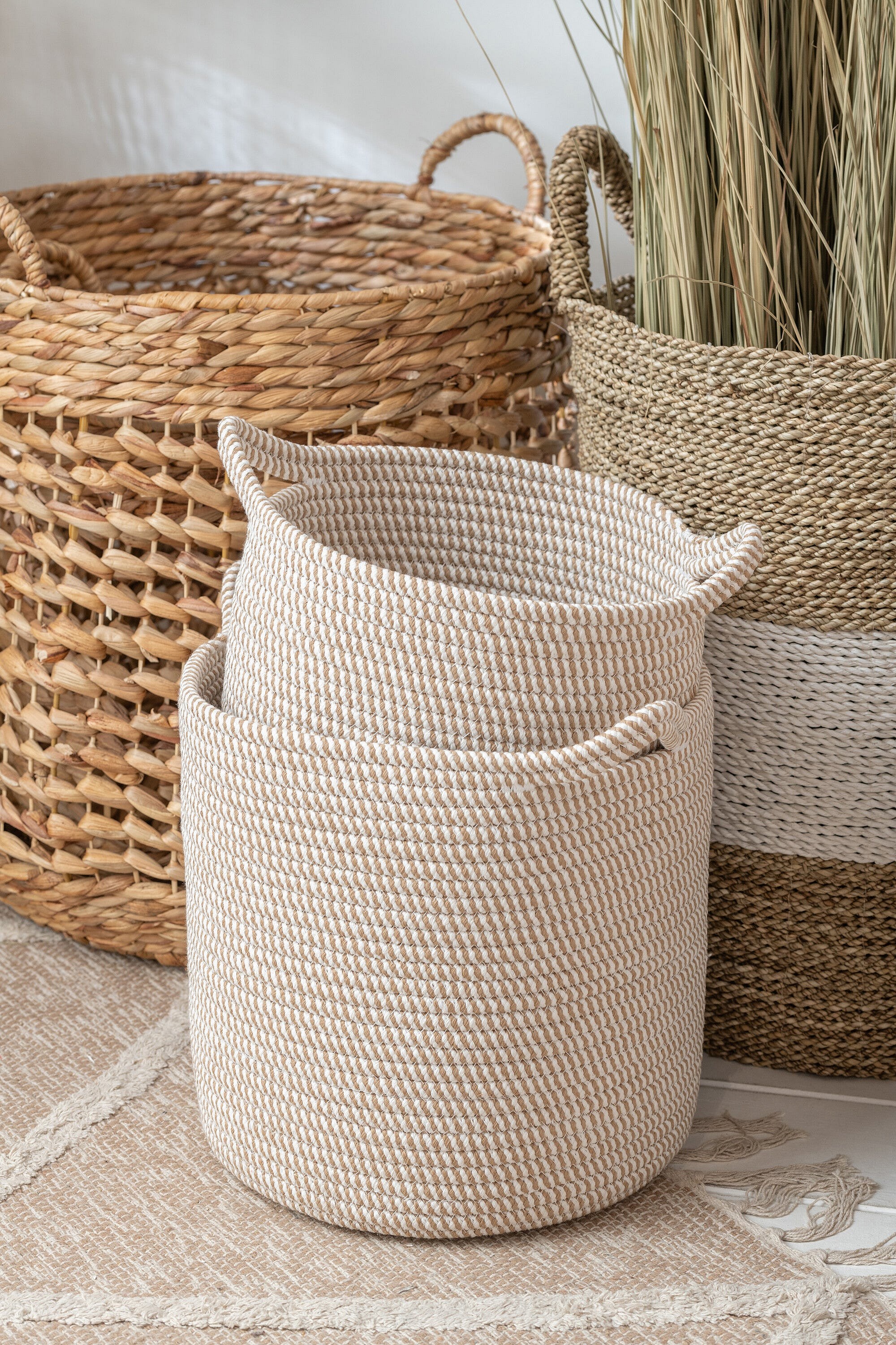 Set 4 paniers rond + rectangle anses textile beige 30x30x30cm