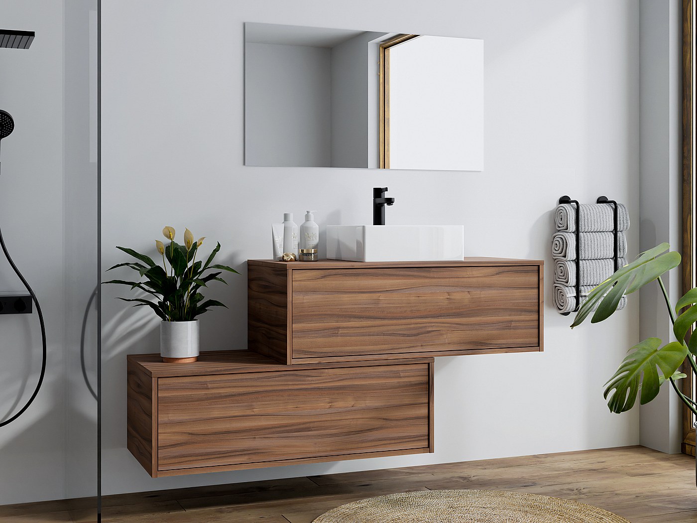 Mueble flotante de baño bajo lavabo sencillo, tono oscuro natural, 2 ...