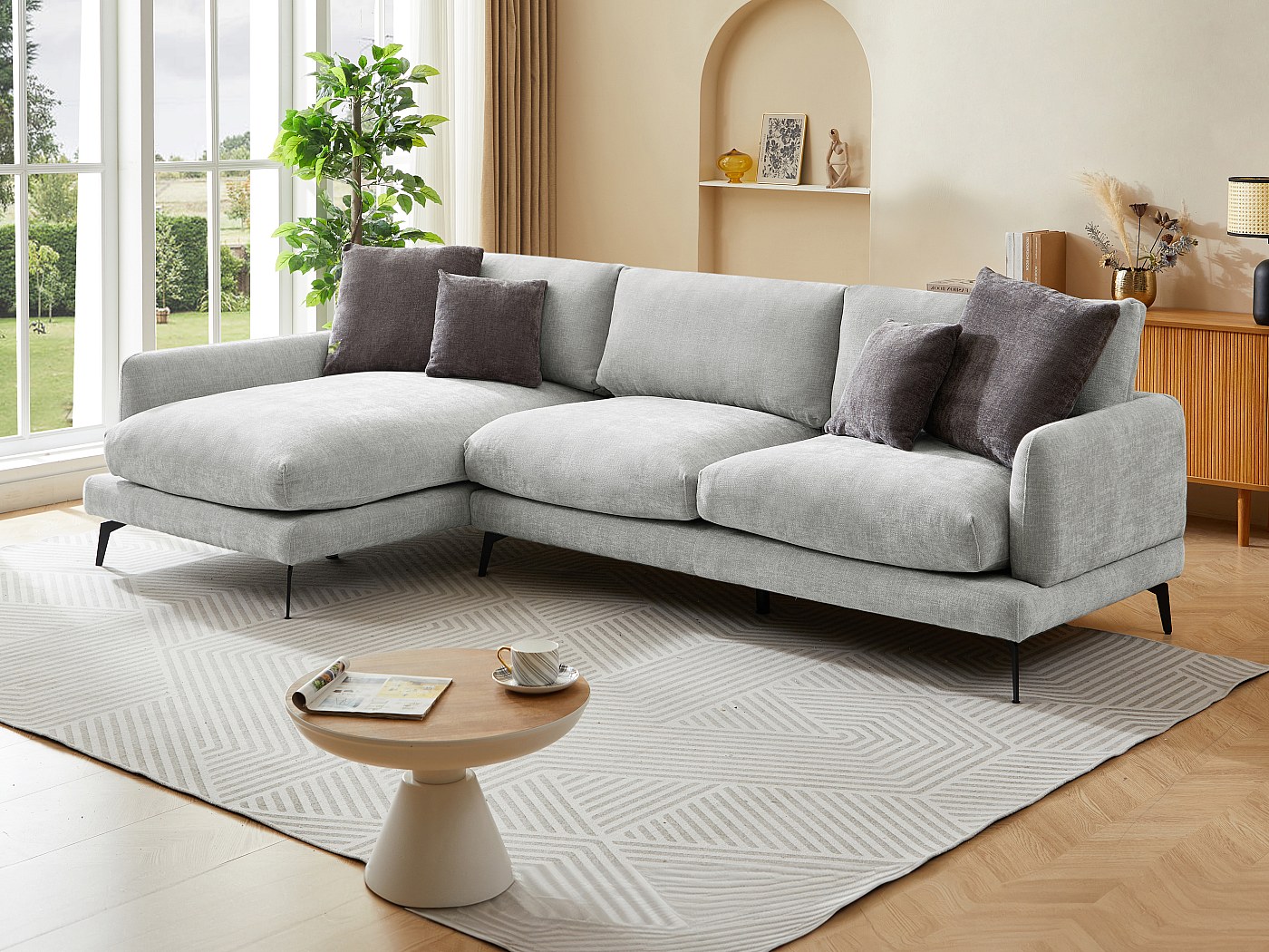 Canapé d'angle gauche en tissu texturé couleur gris clair ROCALTA