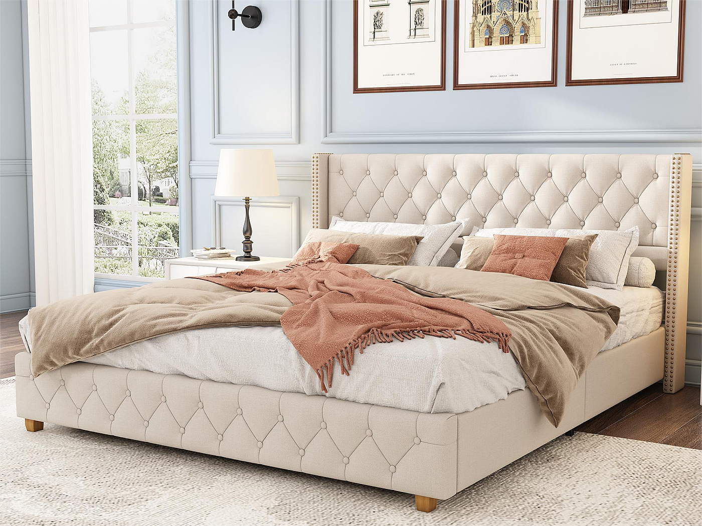 Cama con cabecero acolchado - 140 x 190 cm - tejido de lino - somier de ...