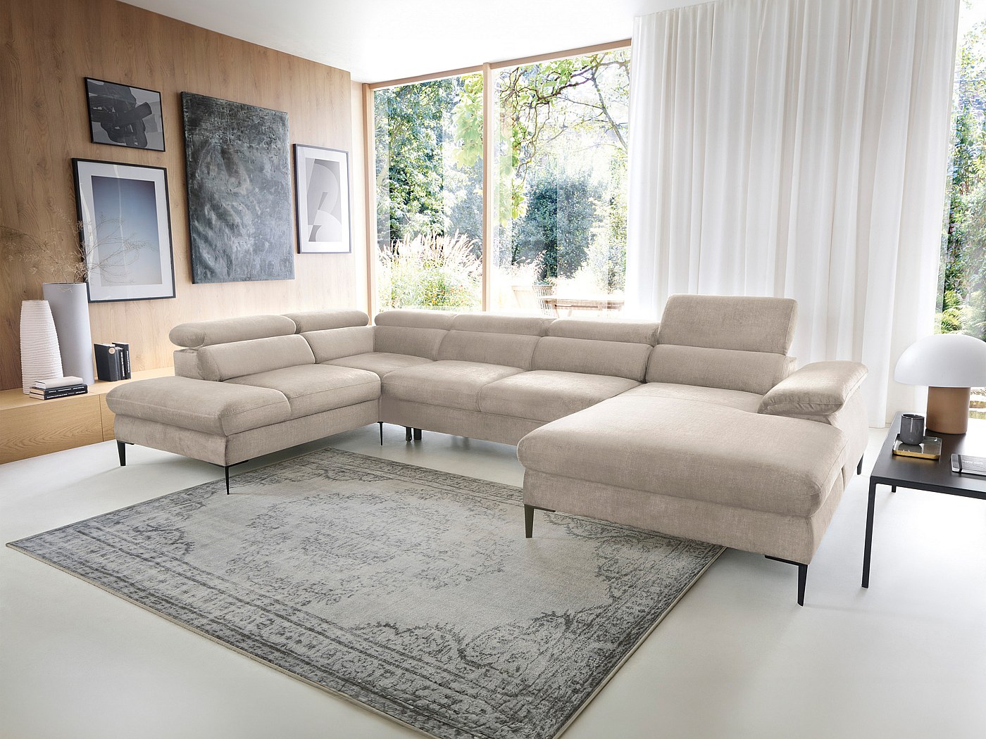 Grande sofá de canto direito panorâmico convertível veludo bege SEPINA ...