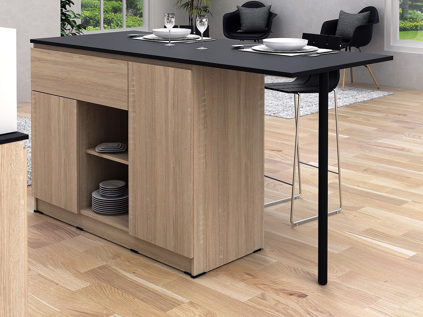 Keukeneiland met 2 deurtjes, 1 lade en 2 nissen - Houtlook en zwart ...