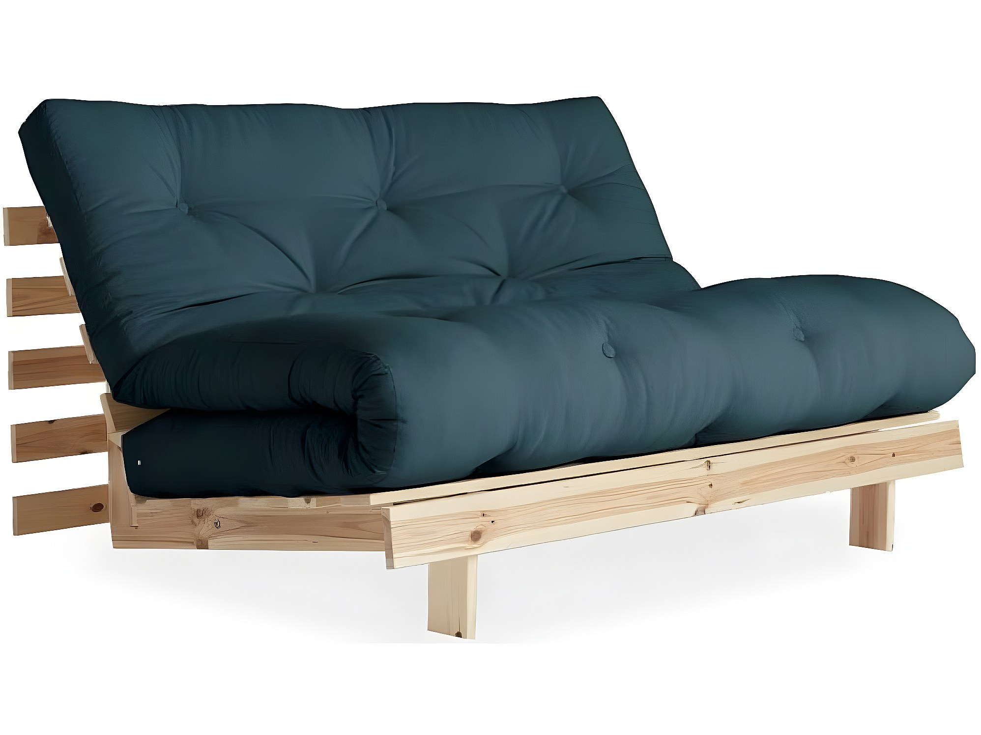 Canapé convertible futon ROOTS pin naturel coloris bleu pétrole ...