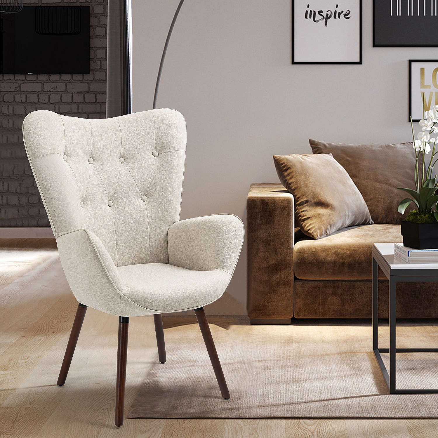 Fauteuil scandinave capitonné en tissu beige KAS FABRIC BEIGE NATURAL WOOD