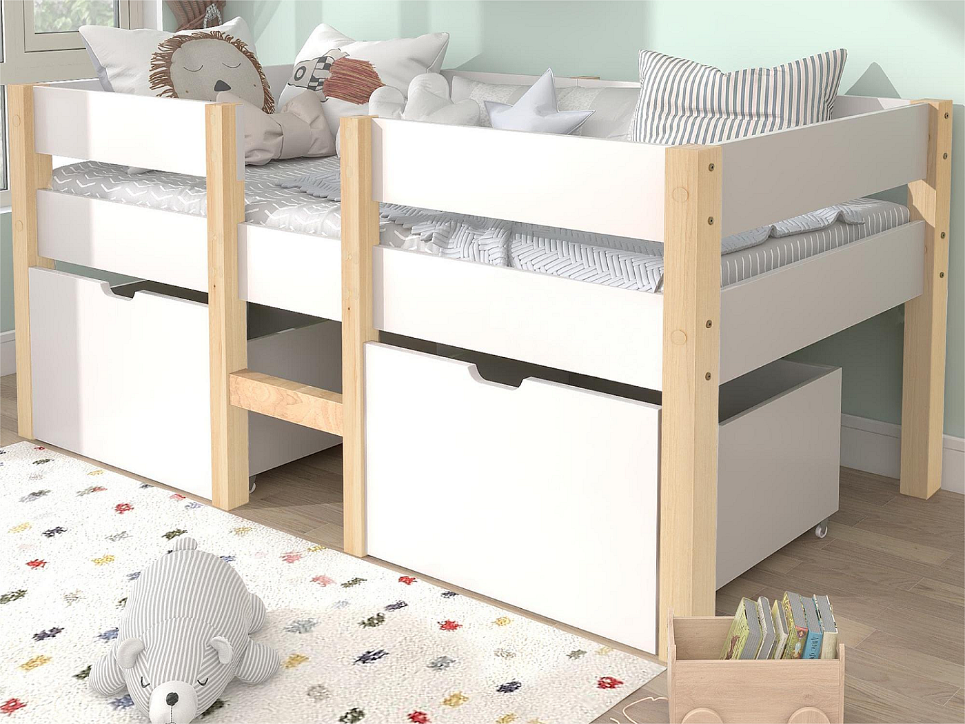 Mittelhohes Bett mit 2 großen Schubladen – 90 x 200 cm – Kiefernholz ...