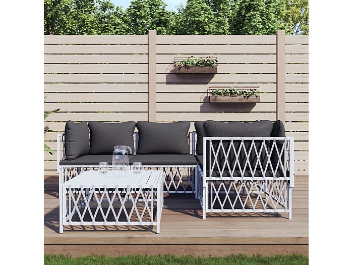 Salon de jardin avec coussins 5 pcs blanc acier