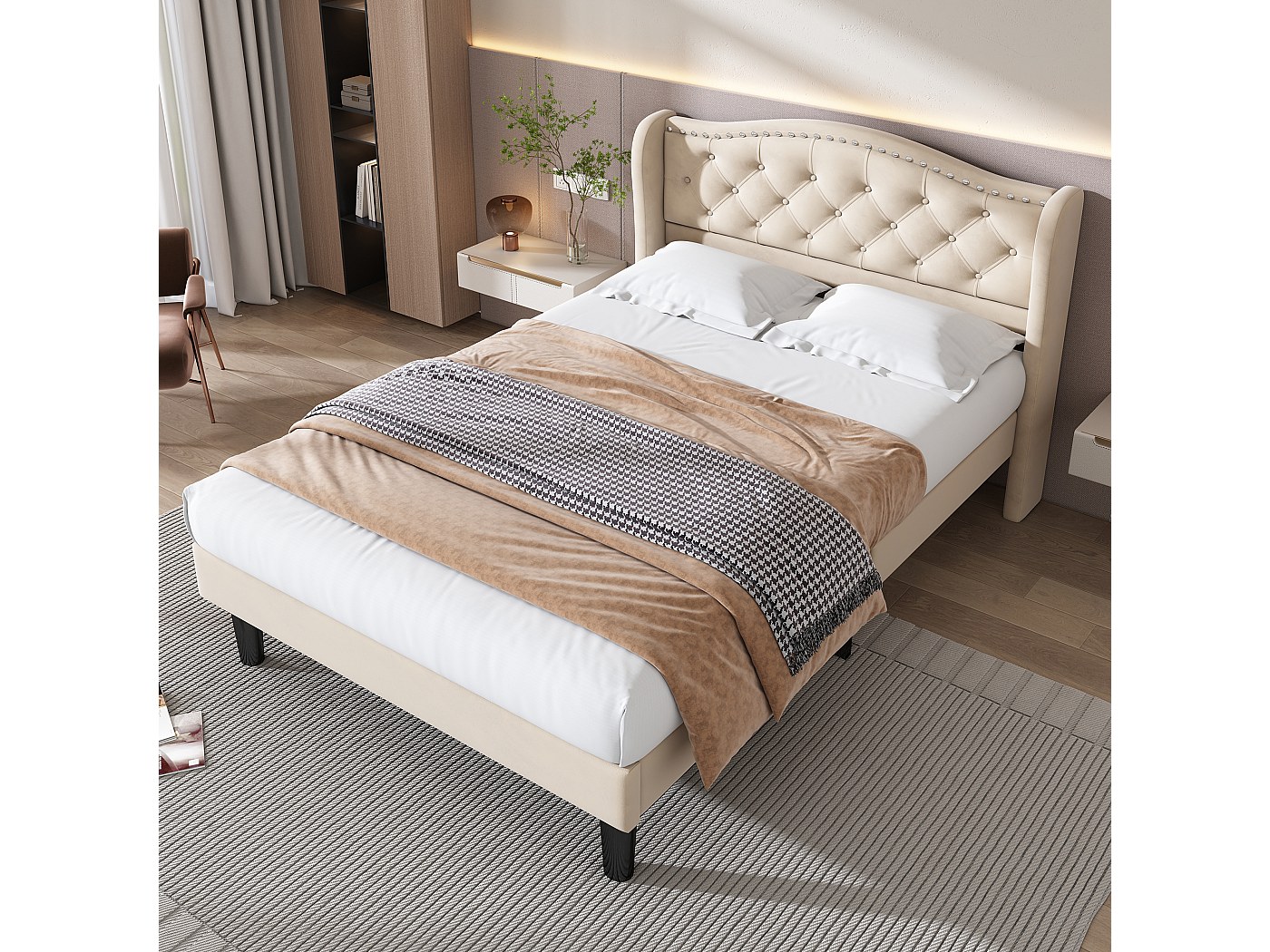 Lit élégant avec tête de lit en velours, 90*200cm, décor bouton et ...
