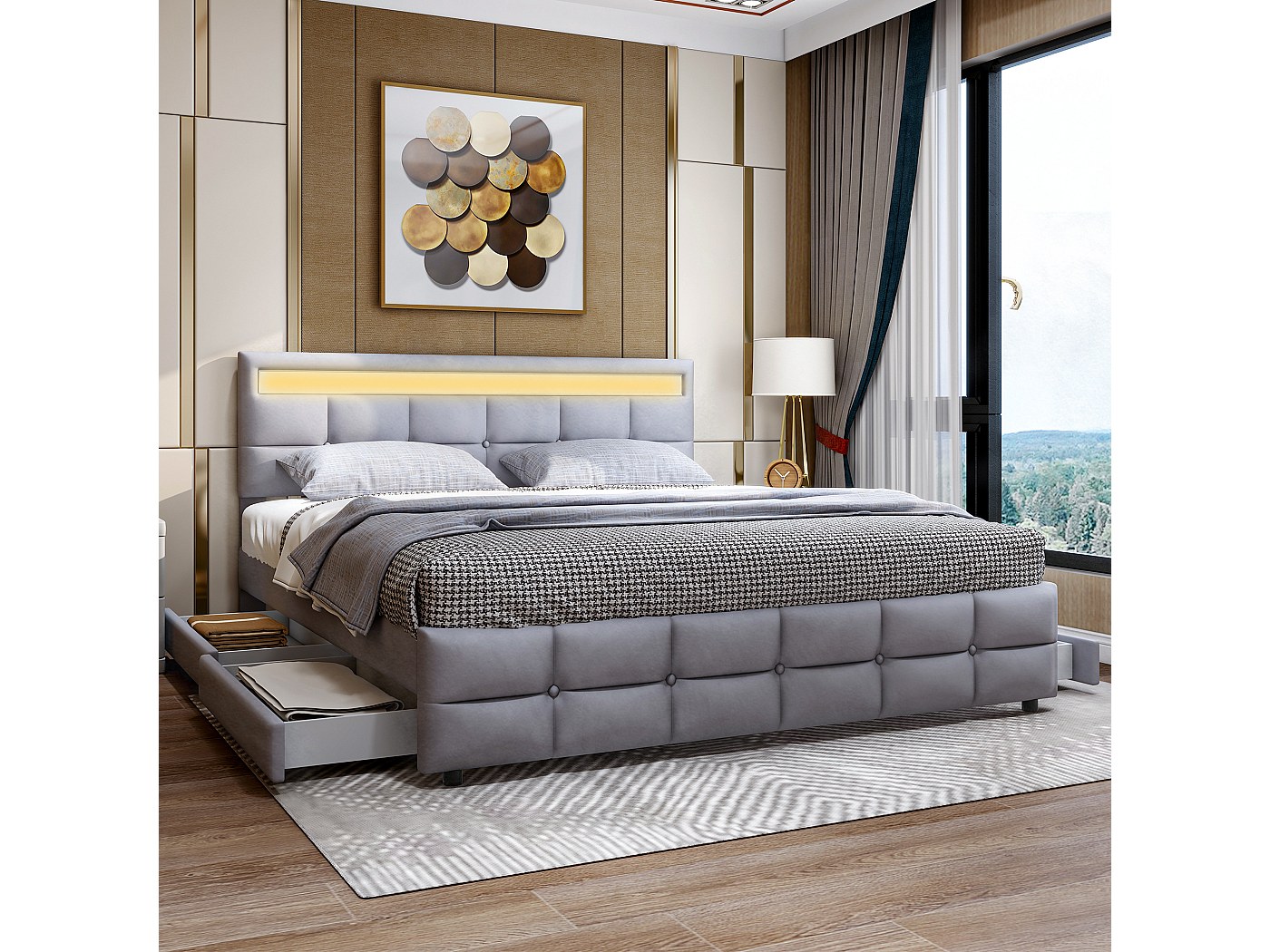 Cama doble con 4 cajones, somier y respaldo, gris